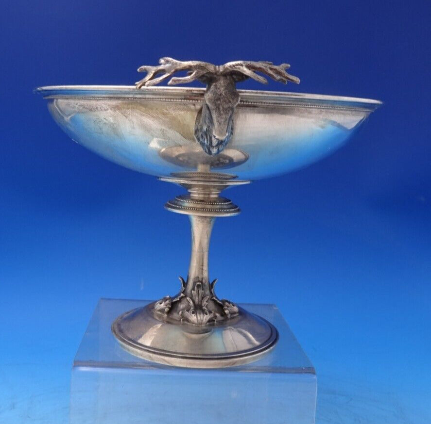 Gorham Coin Silver Compote with Pedestal and Two 3-D Stag Heads 18.5 o ...